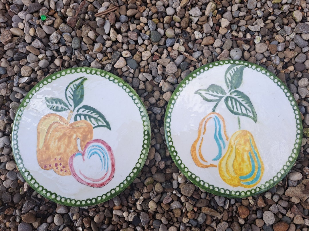 Vintage Trivets Round Ceramic Tiles With Apple and Pear Design Country ...