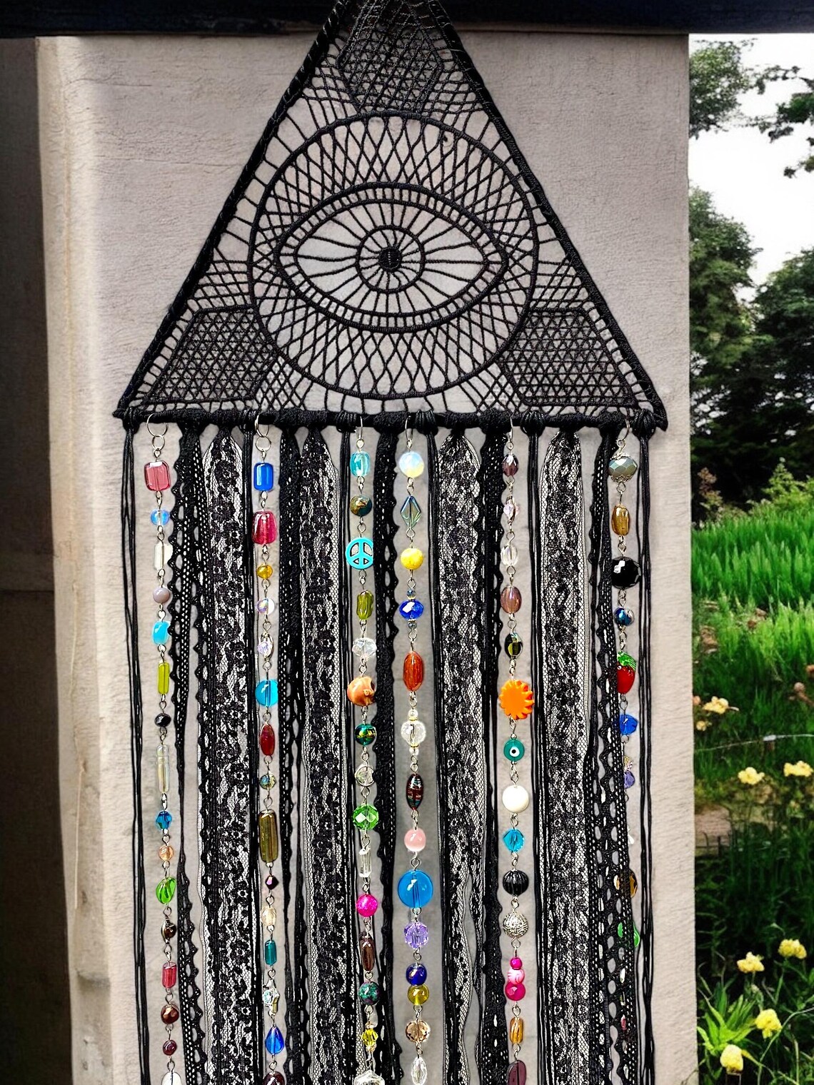 Glass & Gemstone Beaded Macrame Eye of Protection Dreamcatcher, Beaded ...