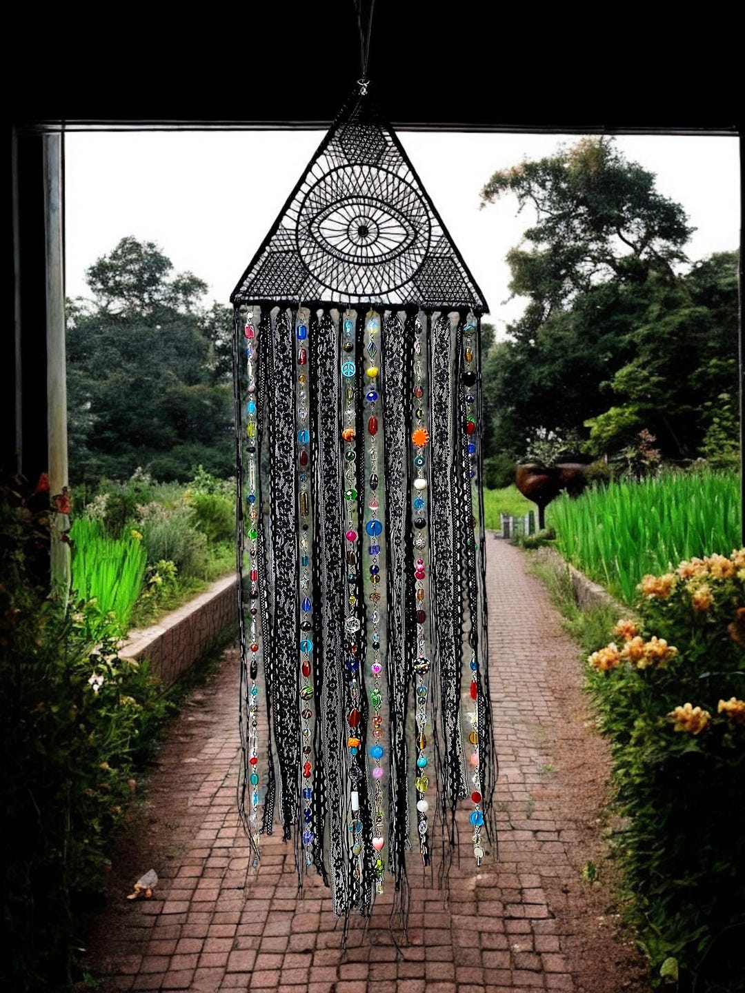 Glass & Gemstone Beaded Macrame Eye of Protection Dreamcatcher, Beaded ...