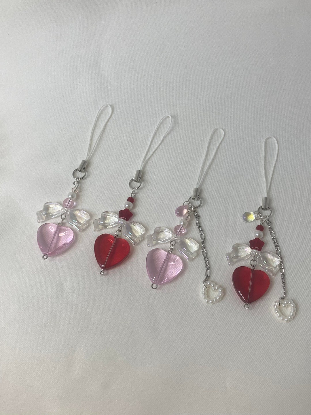 Cute Heart and Bow Coquette Phone Charms, Pink and Red Beaded Keyring ...