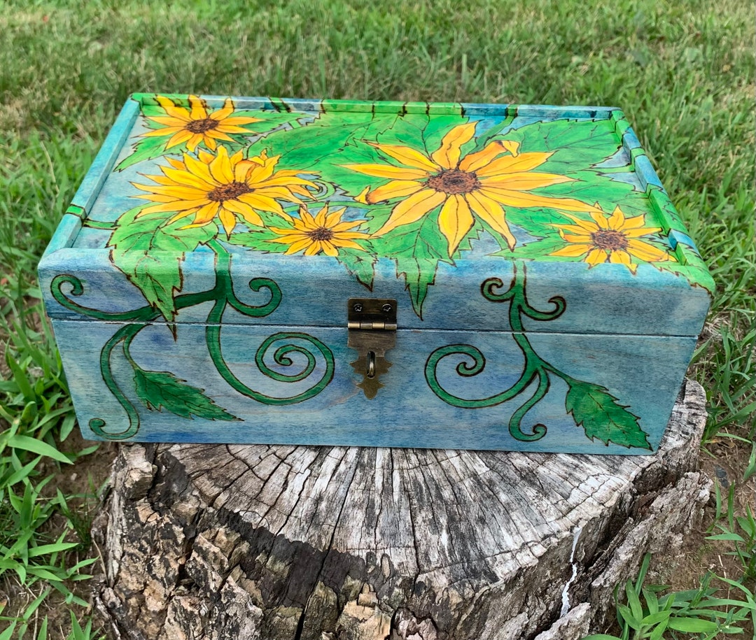 Sunflower Wood Burnt and Watercolor by Hand Maple Wood Keepsake Box W ...