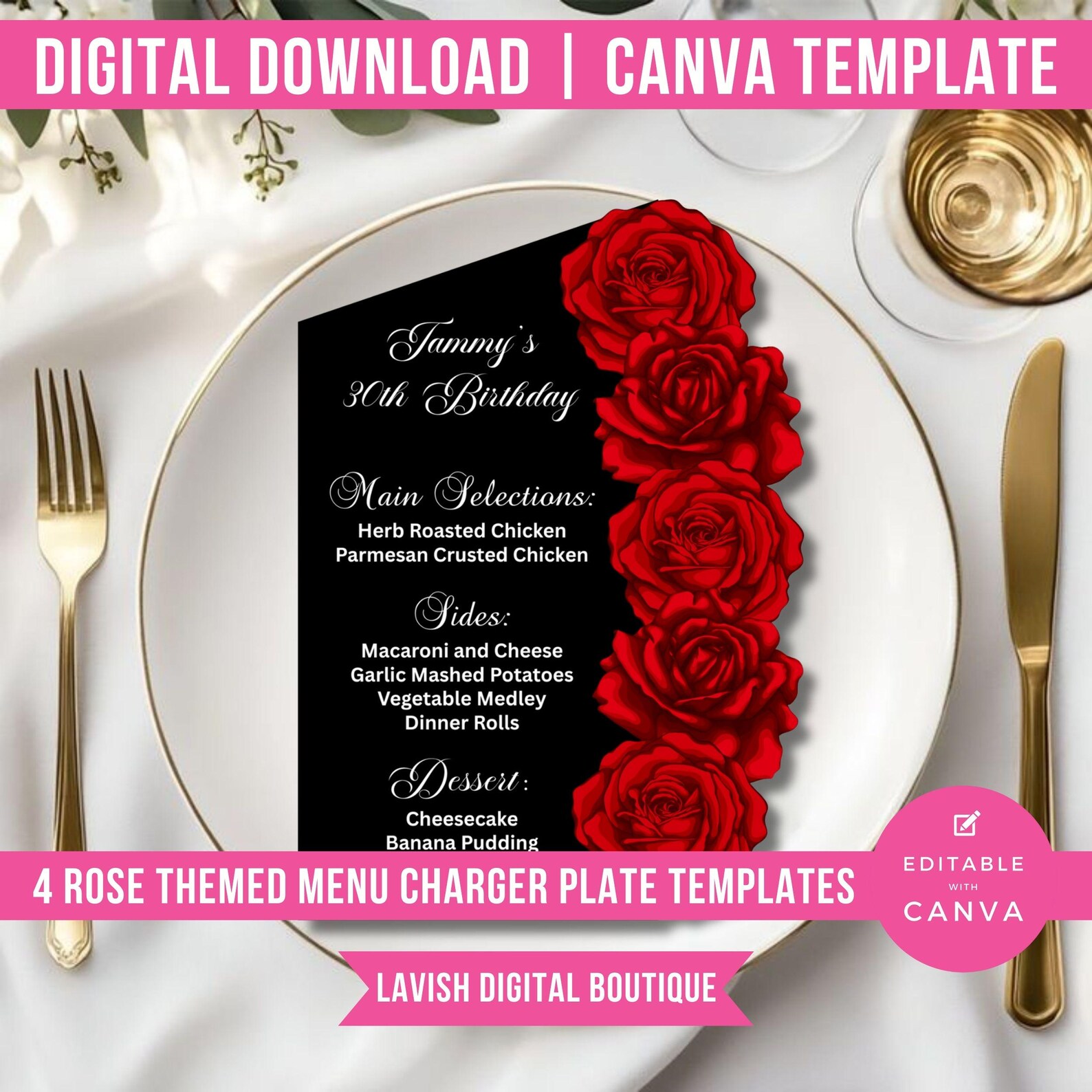 Rose Wedding Menu Template: Elegant Charger Plate Insert (canva ...