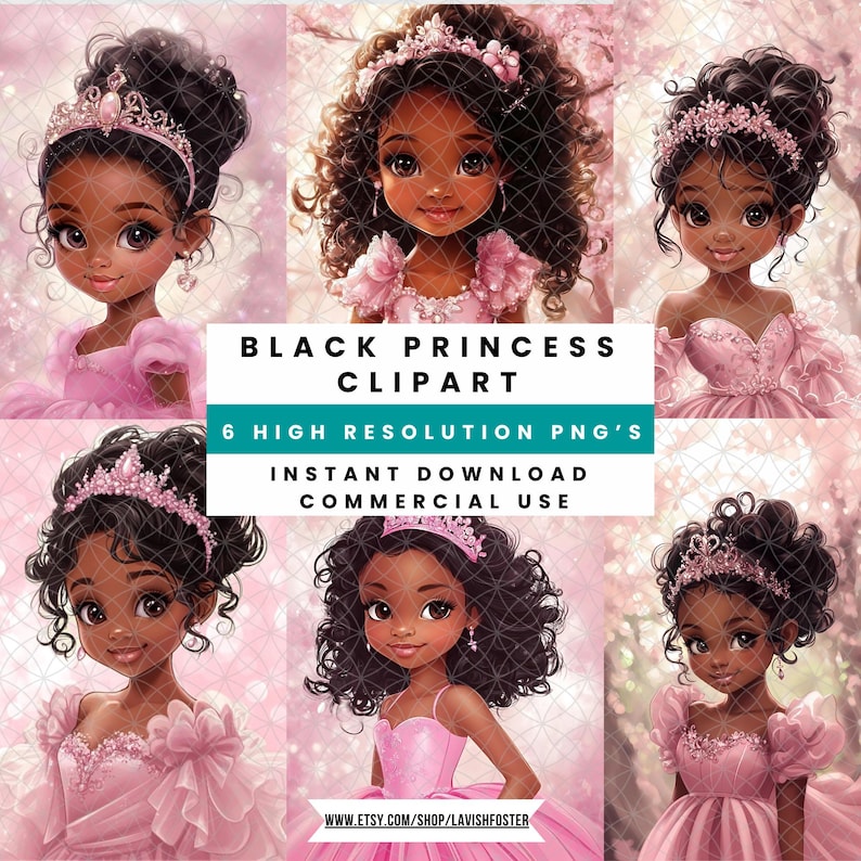 Black Princess Clipart, Pink and Gold, Melanin Princess PNG (digital ...