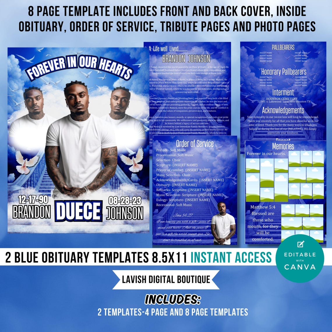 Blue Funeral Program Template, Obituary Canva Template (digital ...