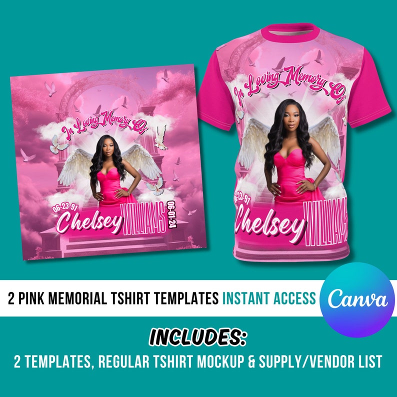 Pink Memorial Tshirt Design Editable in Canva, Memorial T Shirt Design ...