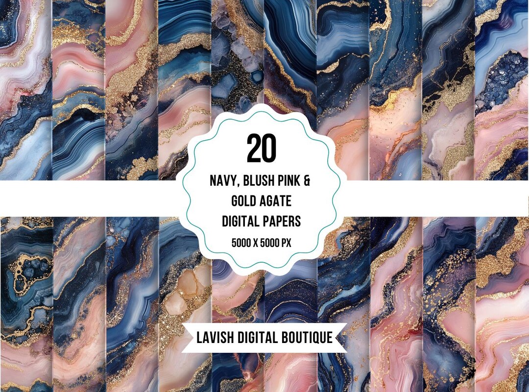 Blush Pink, Navy and Gold Digital Paper, Agate Digital Paper, Blush ...