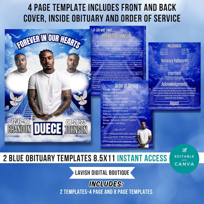 Blue Funeral Program Template, Obituary Canva Template (digital ...