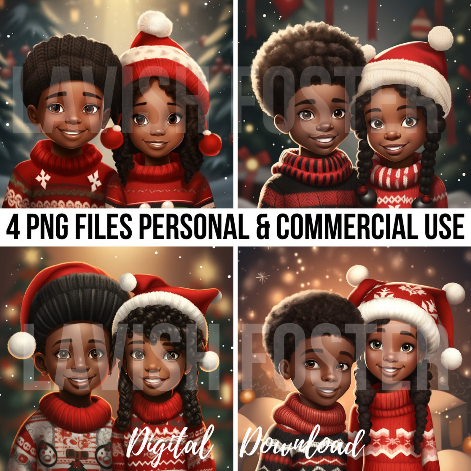 Black Girl and Boy PNG, Black Boy and Girl Christmas Clipart, Brother ...