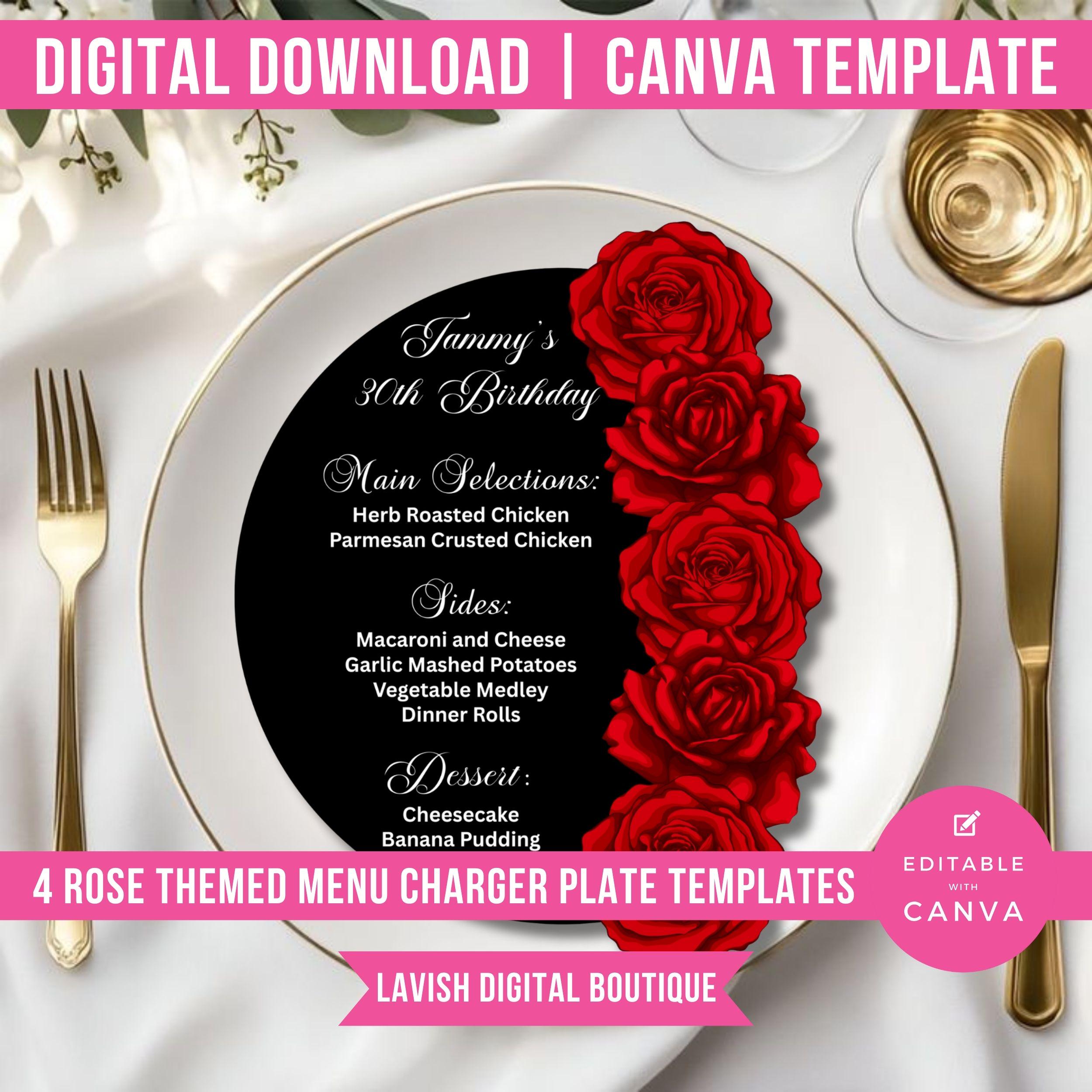 Rose Wedding Menu Template: Elegant Charger Plate Insert (canva ...
