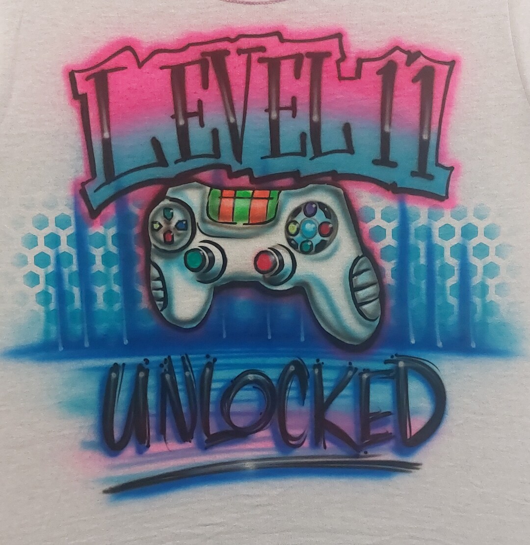 Airbrushed T-shirt Birthday Gamer Controller Level up 123456789 Gamer ...