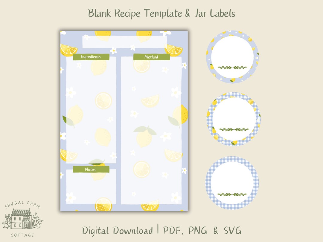 Lemon Blank Recipe Template Digital Recipe Jar Label Sticker Sheet ...