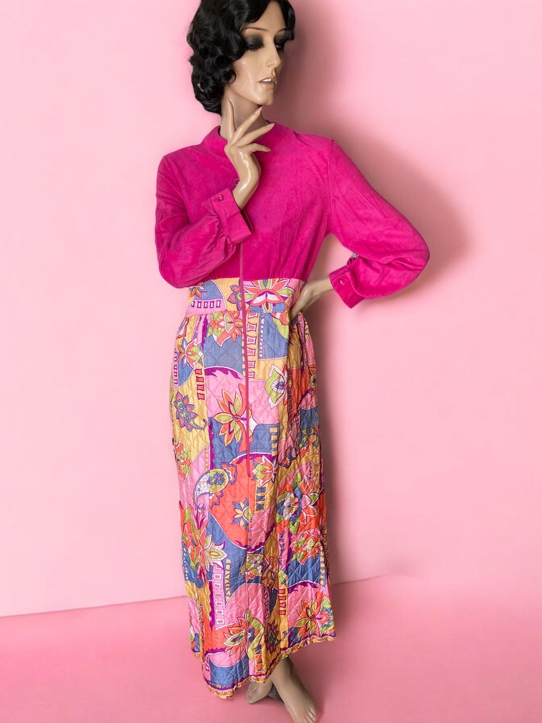 Vintage 60s Quilted Maxi Dress Housecoat: Padded Dressing Gown (size 12 ...