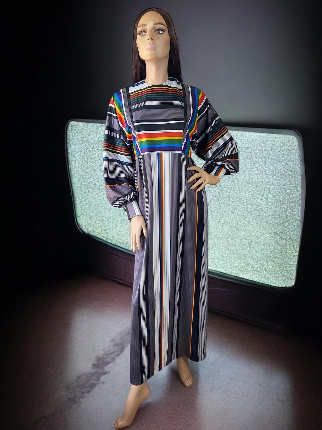 Stunning Barcode Rainbow Striped Print Vintage 70s Maxi Dress 14 16 - Etsy