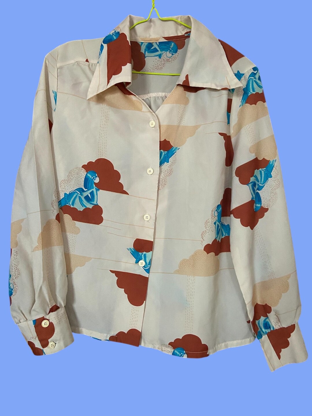 Unusual Novelty Girl Print Vintage 70s Big Collar Blouse Shirt 14 16 - Etsy