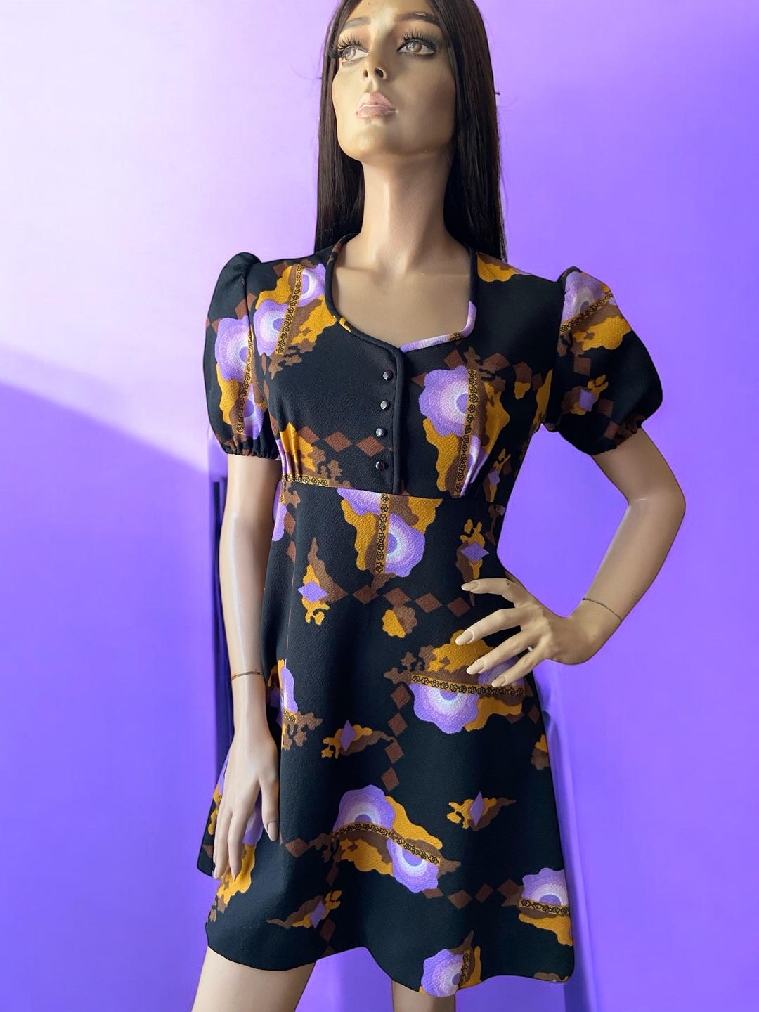 Vintage 70s Floral Print Abstract Pop Art Mini Dress 14 16 - Etsy