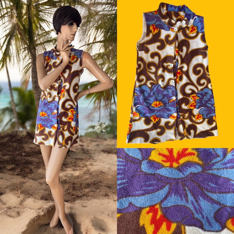 Amazing Print Vintage 60s 70s Towelling Beach Cover up Mini Dress ...