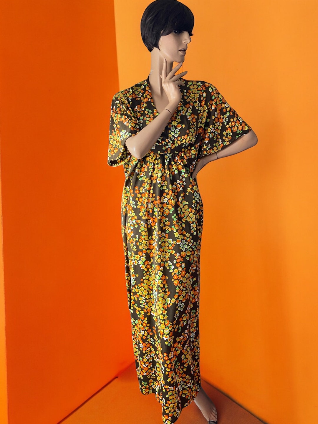 Vintage 70s Floral Kaftan Maxi Dress - Pippa Dee Brown Orange 12 14 ...