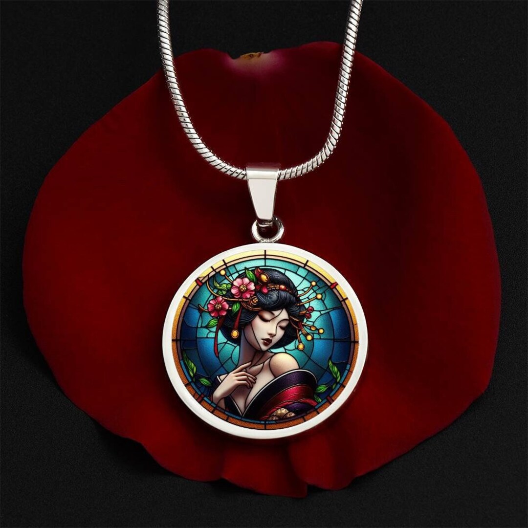 Engraved Geisha Pendant Necklace, Silver Geisha Necklace, Gold Geisha ...