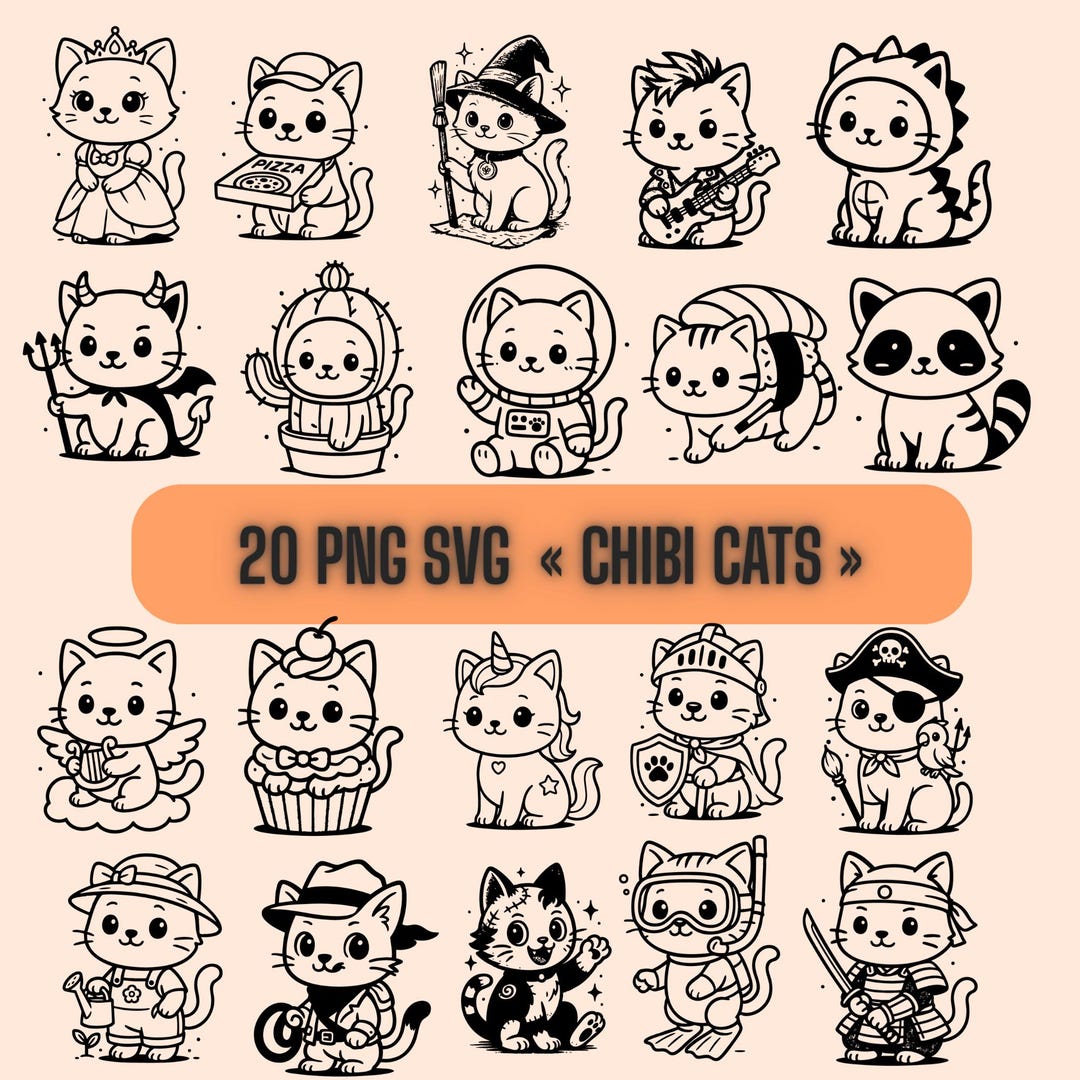 20 Black and White Chibi Cats – PNG/SVG Transparent Background ...