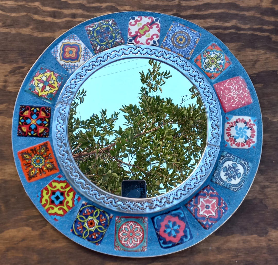 ROUND Punched TIN MIRROR With Painted Tiles - 15 Inches - Handmade in ...