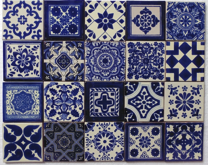 Box of 200 Blue and White TALAVERA TILES 4 X 4 Inch Handmade Mexican ...
