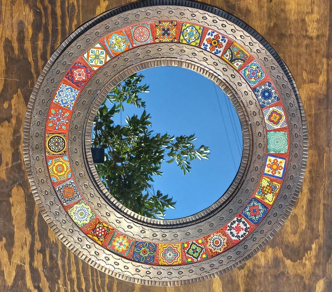ROUND Punched TIN MIRROR With Painted Tiles - 26 Inches - Handmade in ...