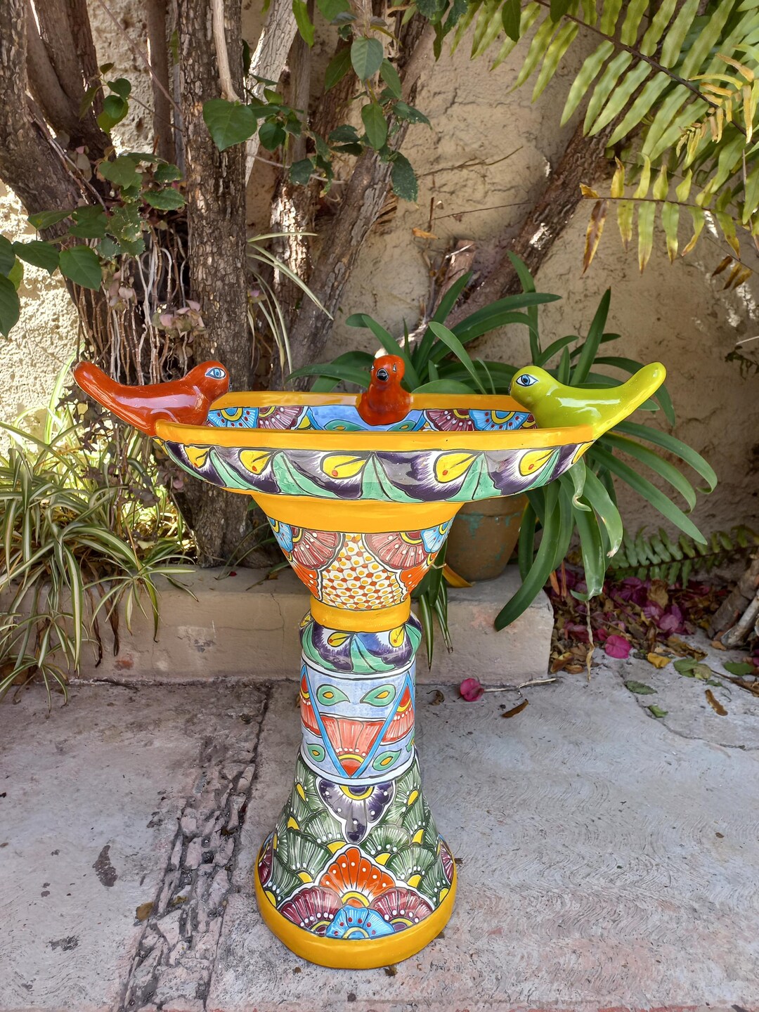 25" BIRDBATH Bird Bath Colorful Mexican Talavera Ceramic Handpainted ...