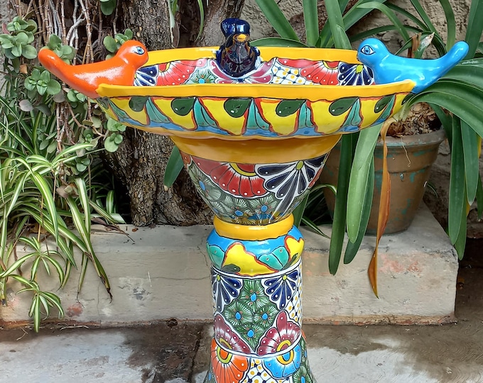 25" BIRDBATH Bird Bath Colorful Mexican Talavera Ceramic Handpainted ...
