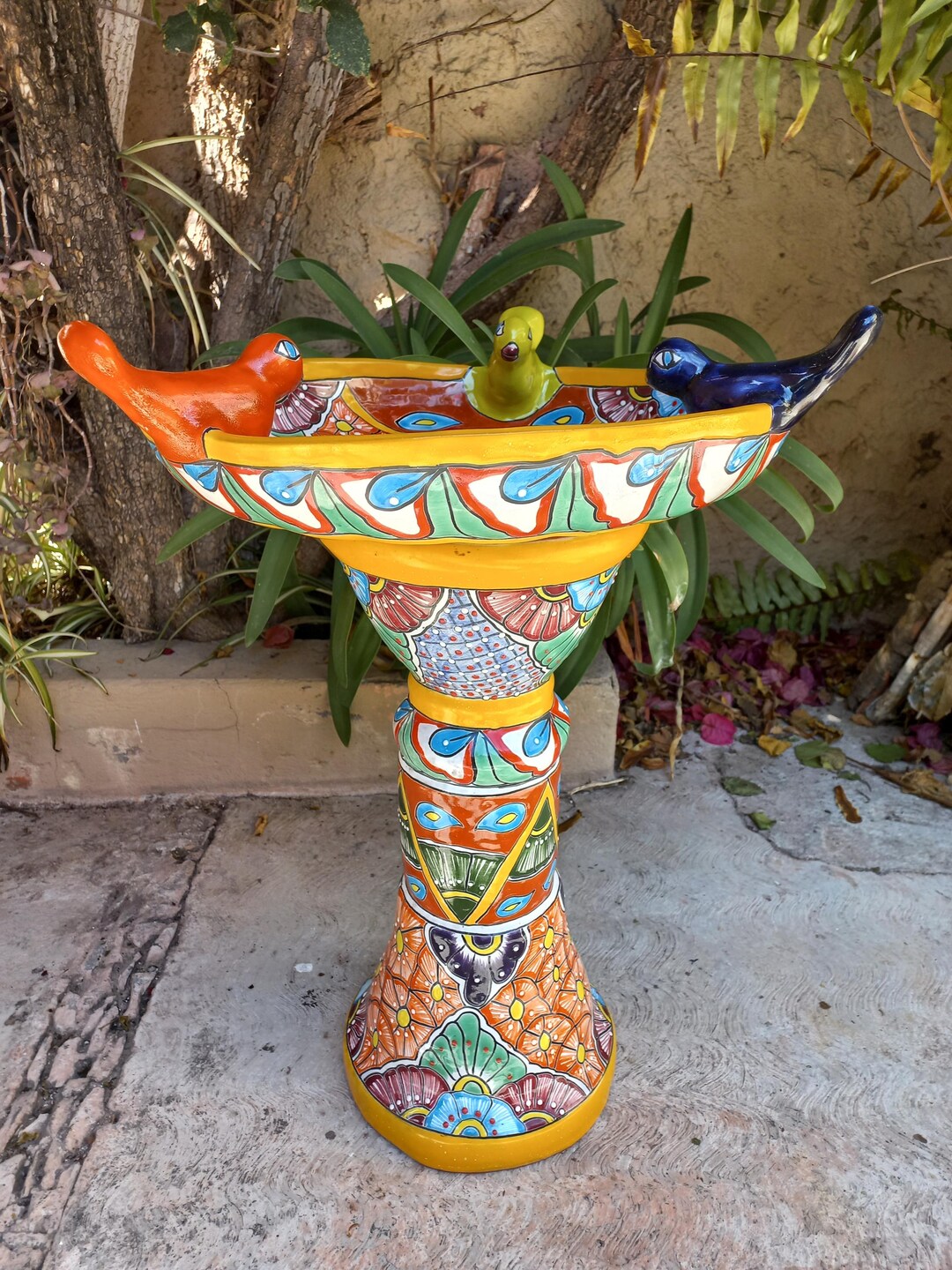 25" BIRDBATH Bird Bath Colorful Mexican Talavera Ceramic Handpainted ...