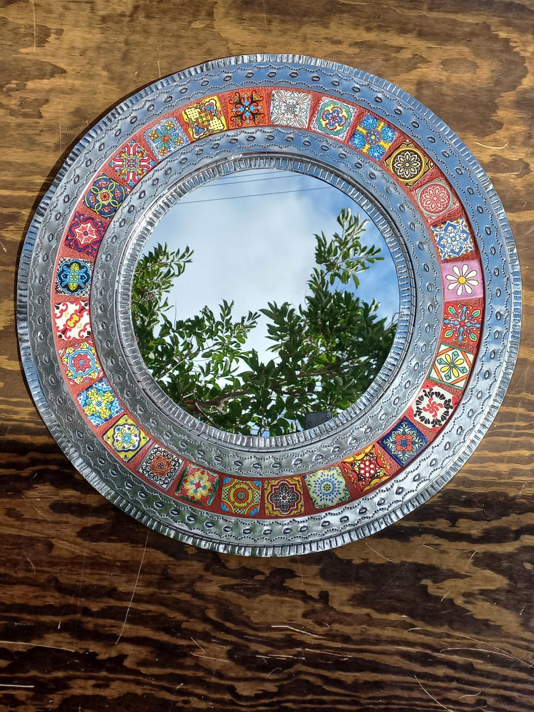 ROUND Punched TIN MIRROR With Painted Tiles - 26 Inches - Handmade in ...