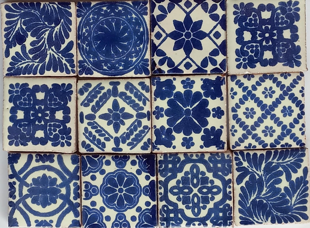 50 Blue and White Hand Painted Mexican Talavera Tiles 1" X 1" Tiles ...