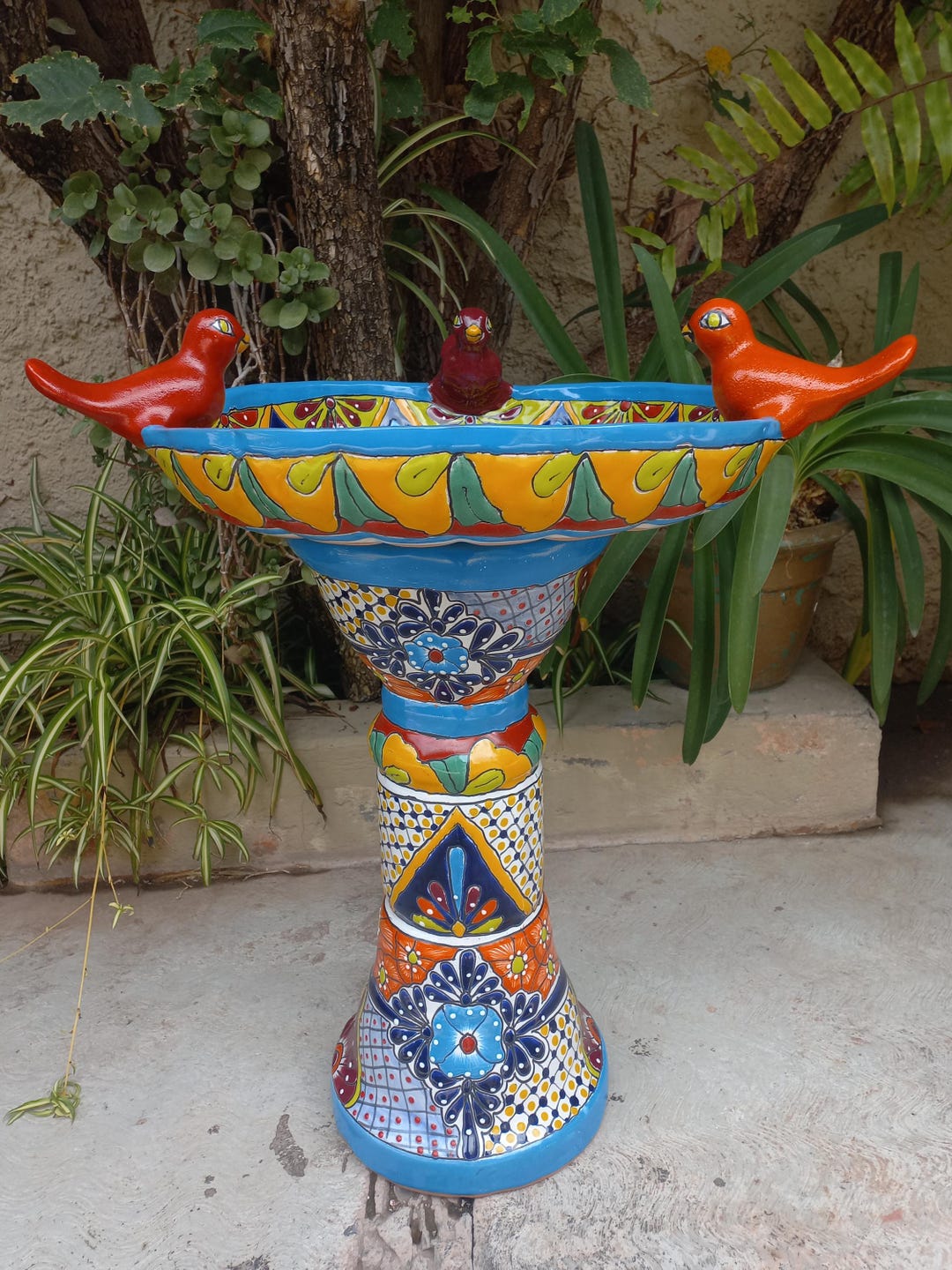 25" BIRDBATH Bird Bath Colorful Mexican Talavera Ceramic Handpainted ...