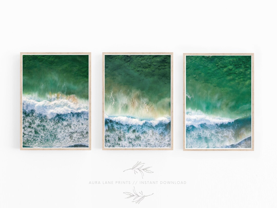 Set of 3 Ocean Waves on Beach Printable Wall Art Prints, Blue Green ...