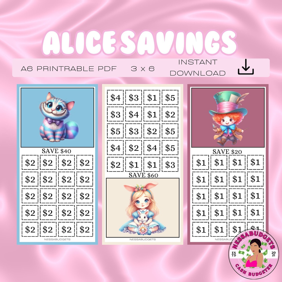 DIGITAL PDF Alice Wonderland Savings Set of 3 Mini Savings Challenge ...