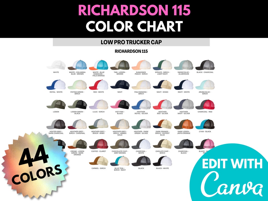 Richardson 115, Color Chart, Color Swatches, Cap Colors Overview, Low ...