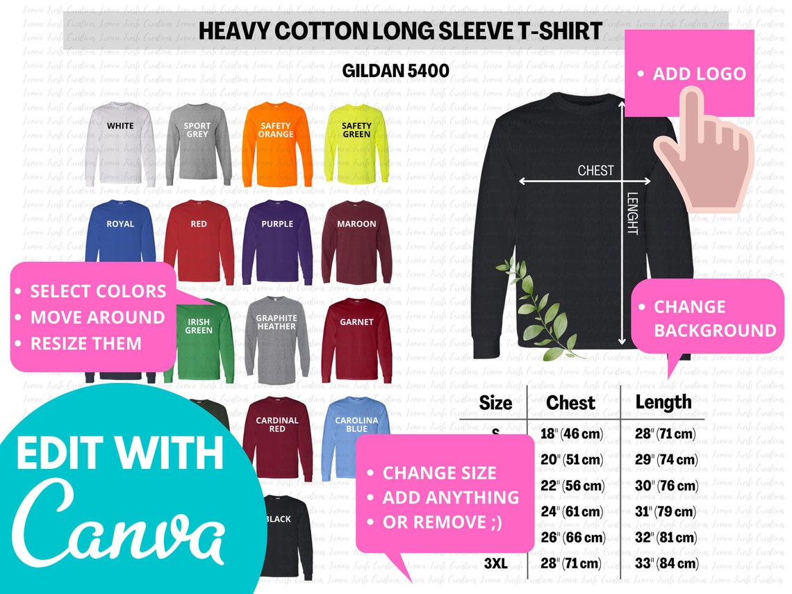 Gildan 5400 Size Chart Color Gildan 5400 Heavy Cotton Long - Etsy