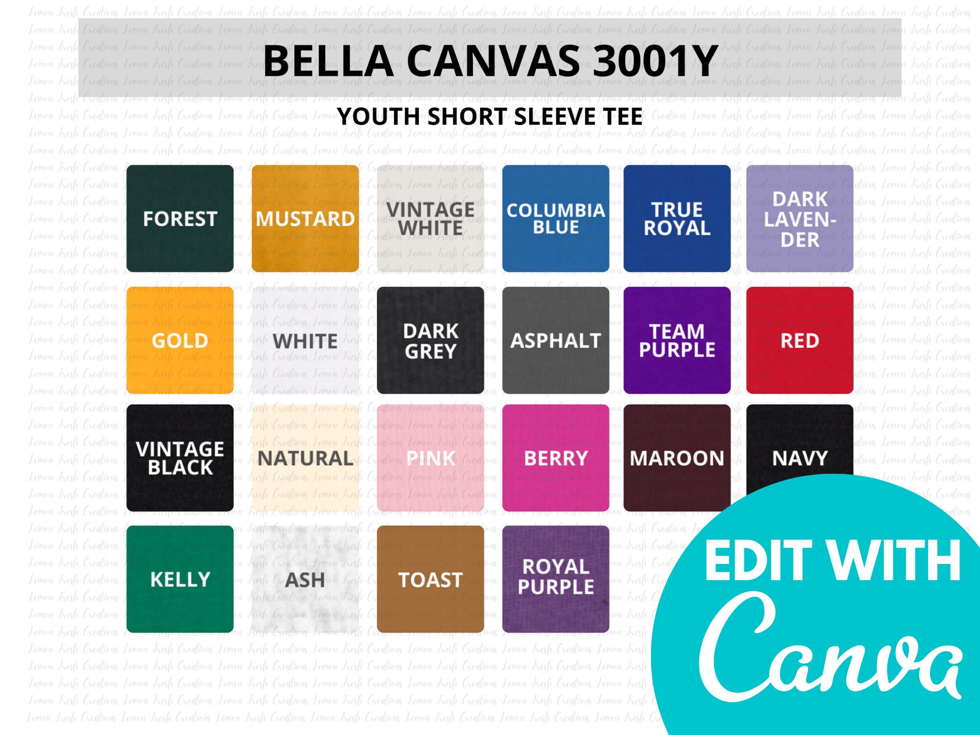 Bella Canvas Color and Size Chart Bella Canvas 3001YCVC | Etsy