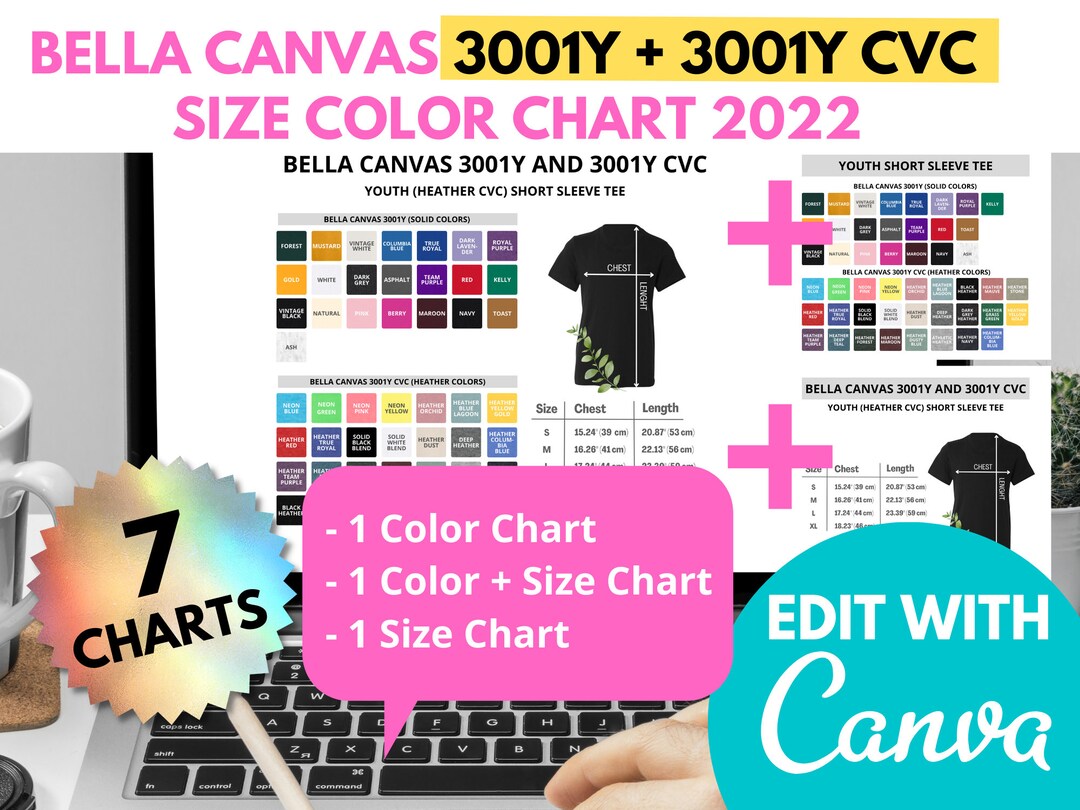 Bella Canvas Color and Size Chart, Bella Canvas 3001YCVC Heather, Youth ...