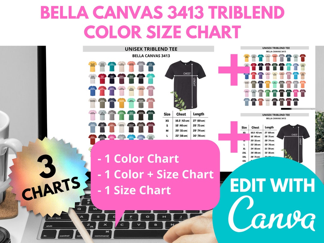 Bella Canvas 3413 Size Chart, Color Chart, Bella Canvas 3413 Triblend ...