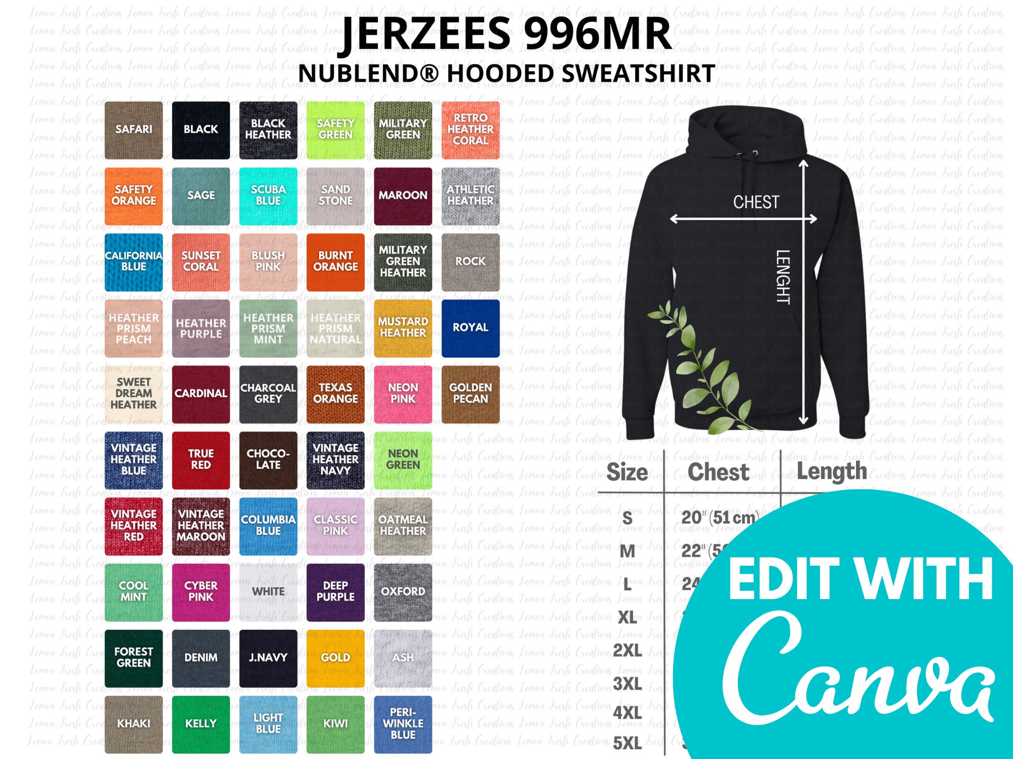 Jerzees 996MR Size Chart Color Chart Editable Template | Etsy