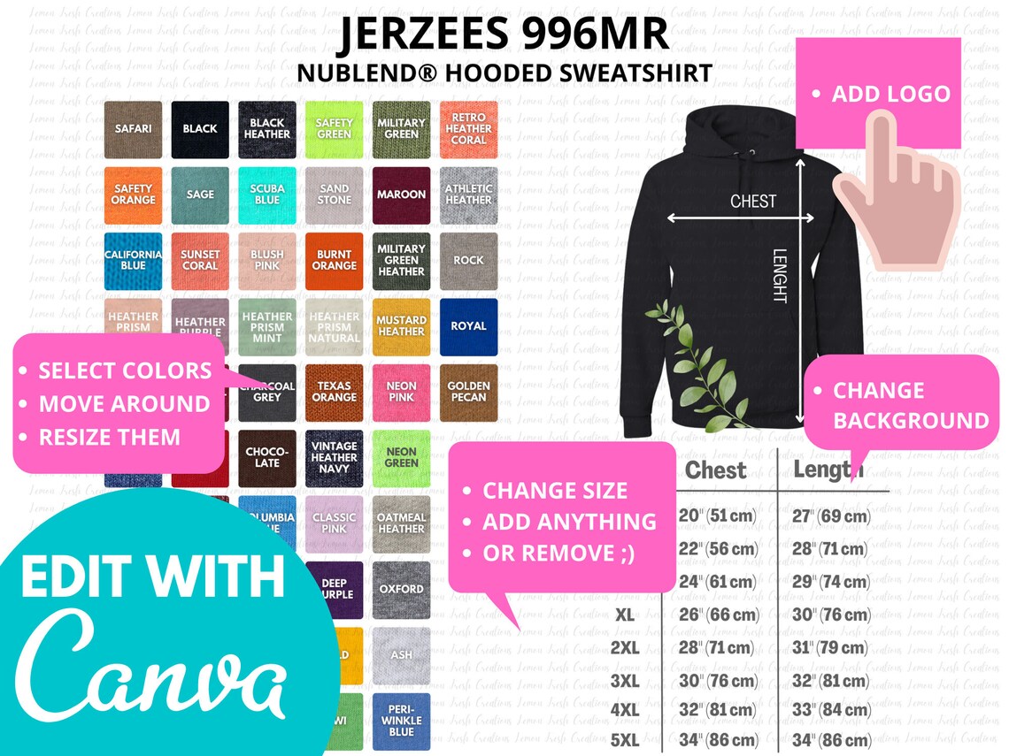 Jerzees 996MR Size Chart Color Chart Editable Template | Etsy