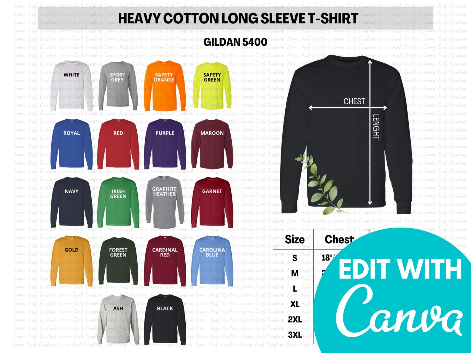 Gildan 5400 Size Chart Color Gildan 5400 Heavy Cotton Long - Etsy