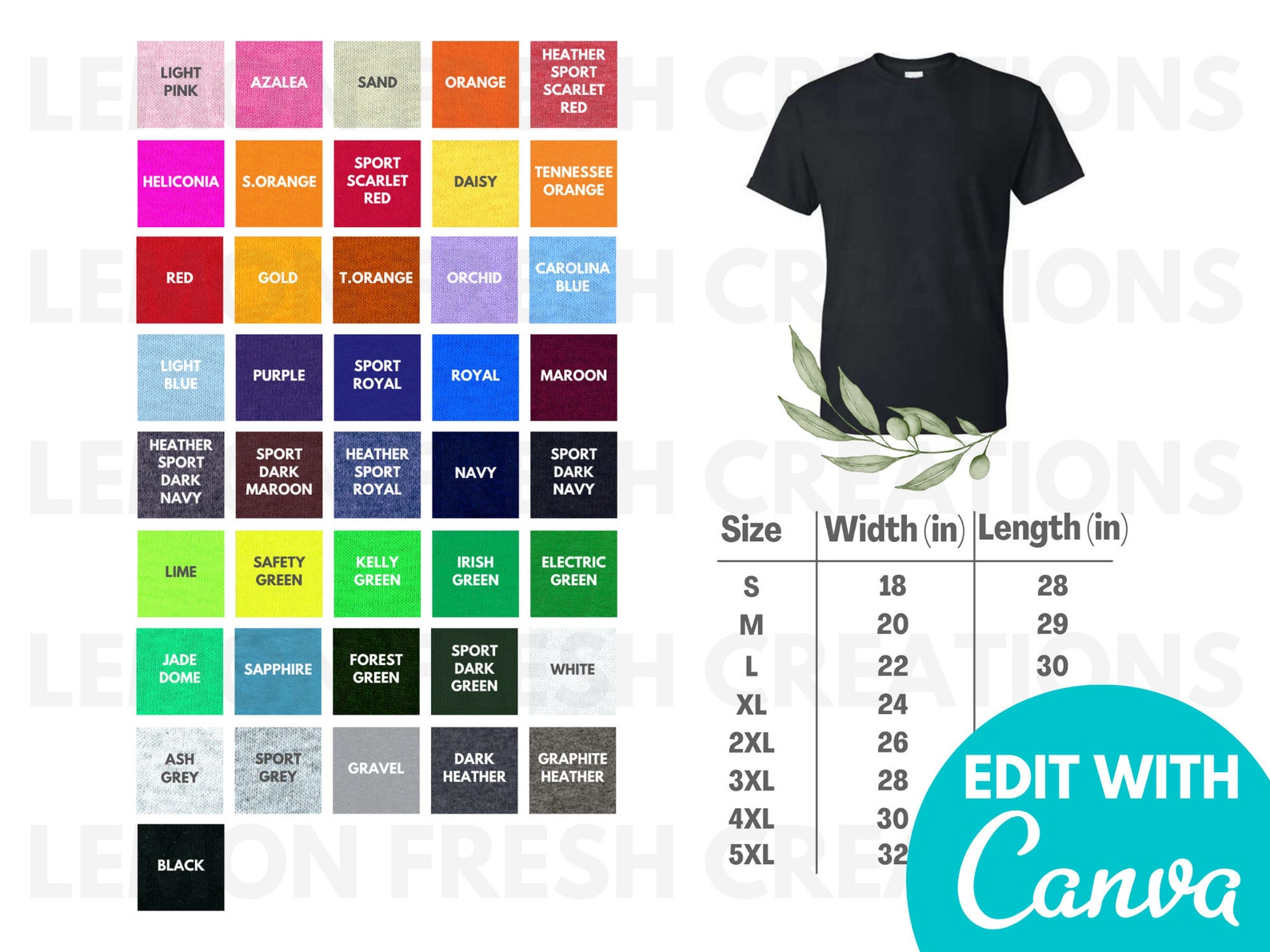 Gildan 8000 Color Chart Size Chart Gildan 8000 Editable Etsy France