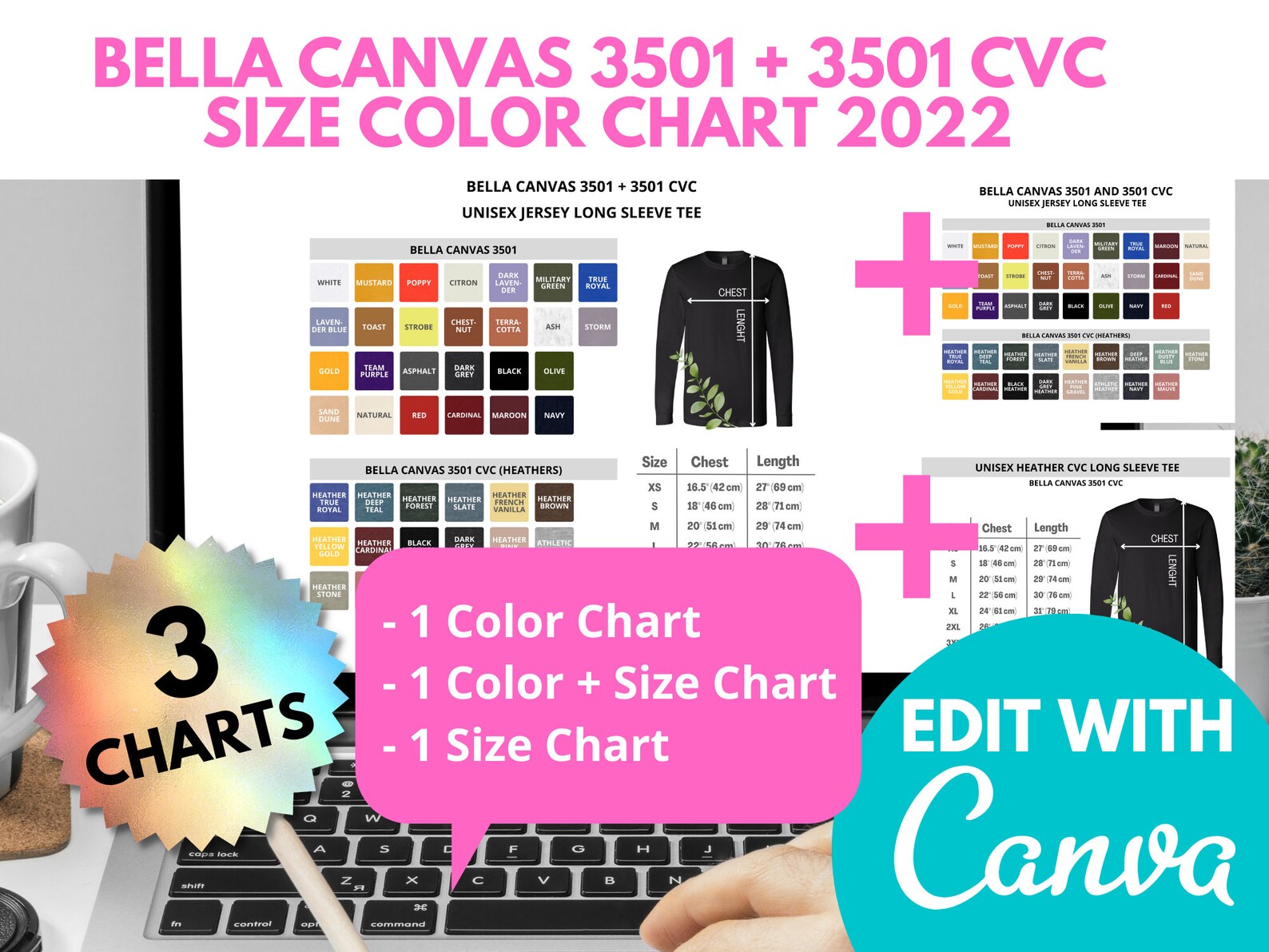 Bella Canvas 3501CVC 3501 CVC 2022 Color Chart Size Chart - Etsy