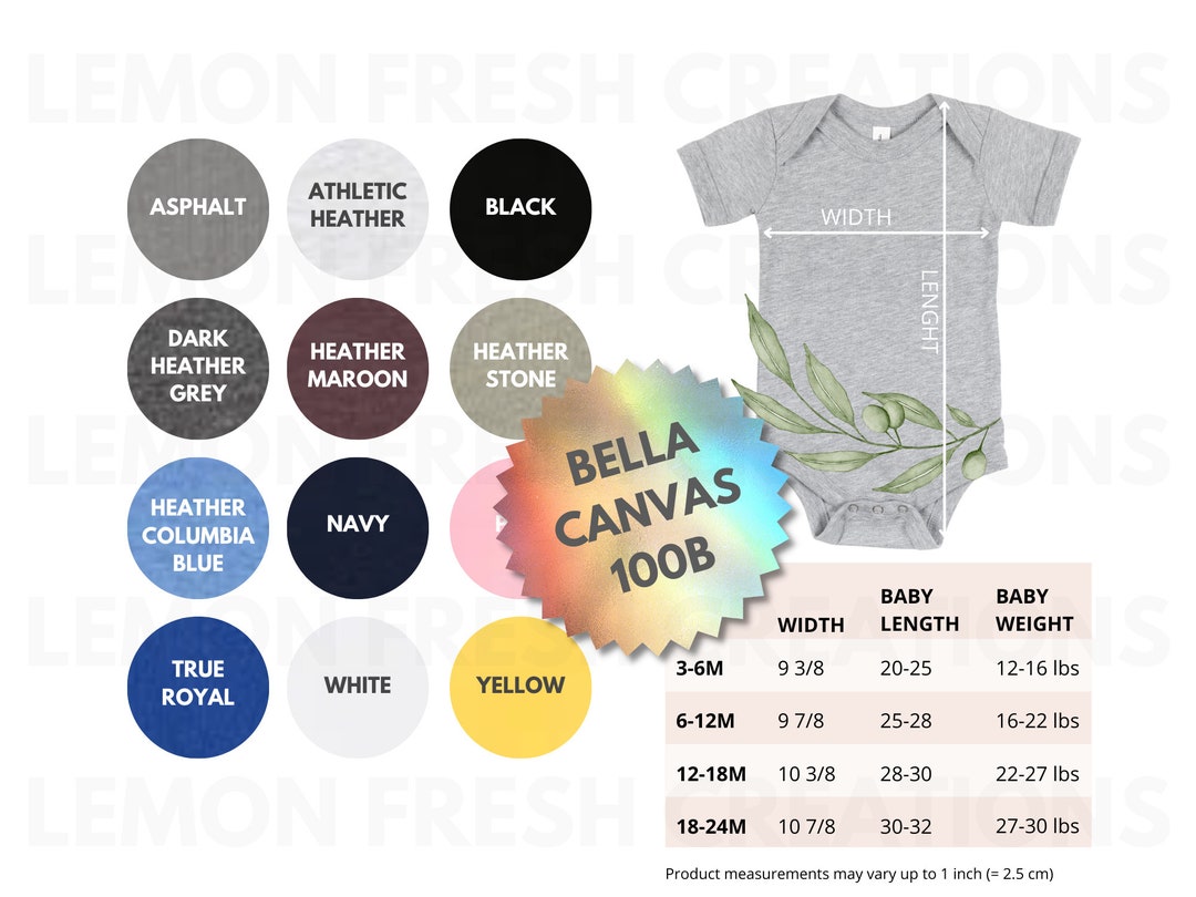 Bella Canvas 100B Size Chart, Bella Canvas 100B Color Chart, Bella ...