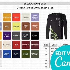 Bella Canvas 3501 Color Chart, Size Chart, BC3501, Editable Template ...