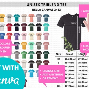 Bella Canvas 3413 Size Chart, Color Chart, Bella Canvas 3413 Triblend ...