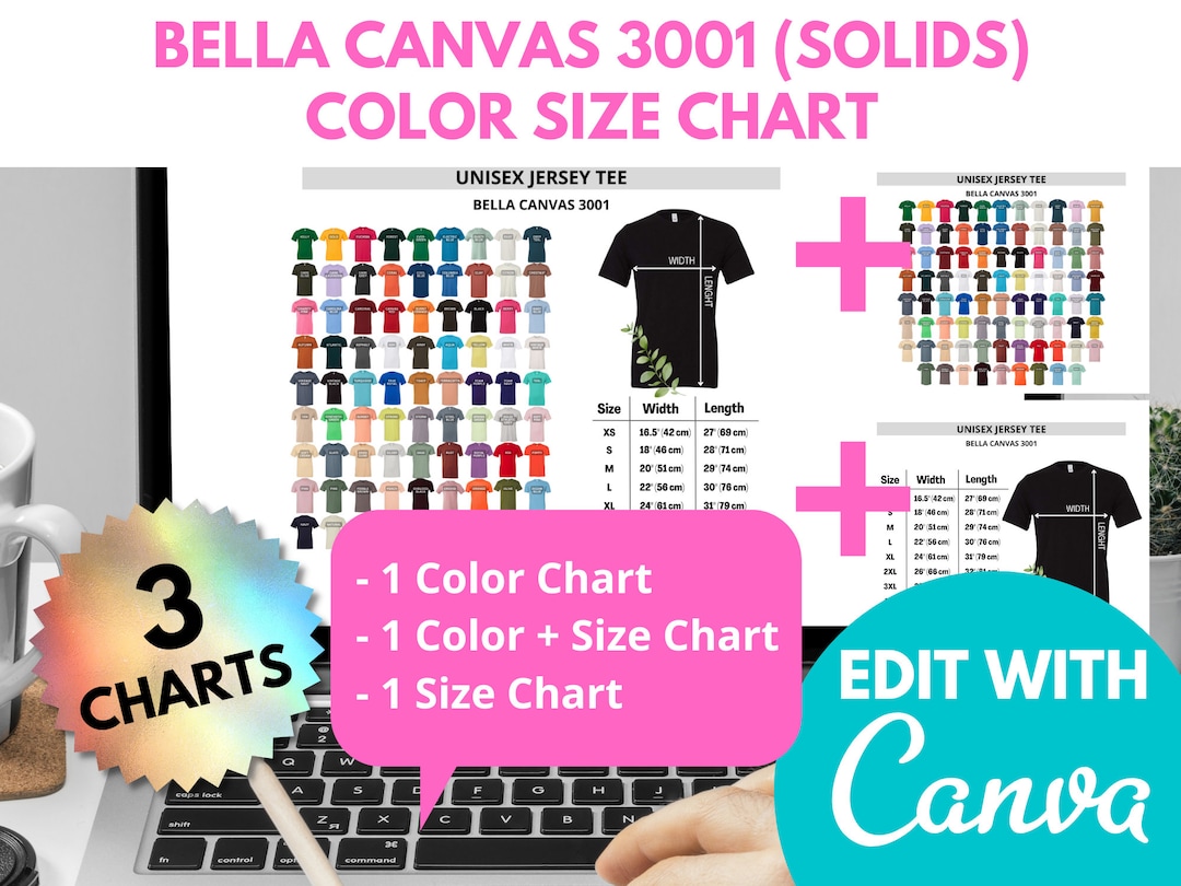 Bella Canvas 3001, Bella Size Chart, Bella Color Chart, BC3001 Sizing ...