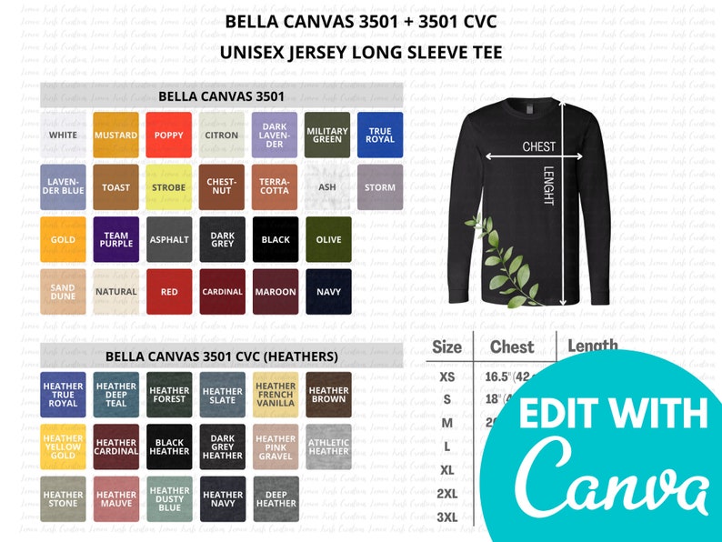 Bella Canvas 3501CVC 3501 CVC 2022 Color Chart Size Chart - Etsy