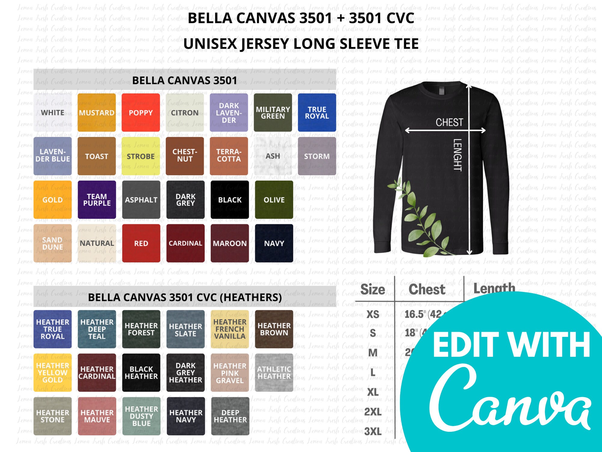 Bella Canvas 3501CVC 3501 CVC 2022 Color Chart Size Chart - Etsy